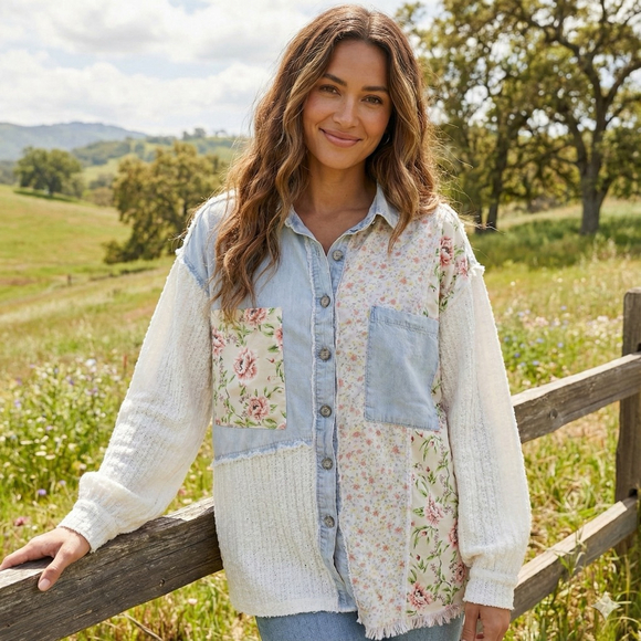 POL | Tops | Womens Pol Light Blue Floral Patchwork Button Down Shirt L ...